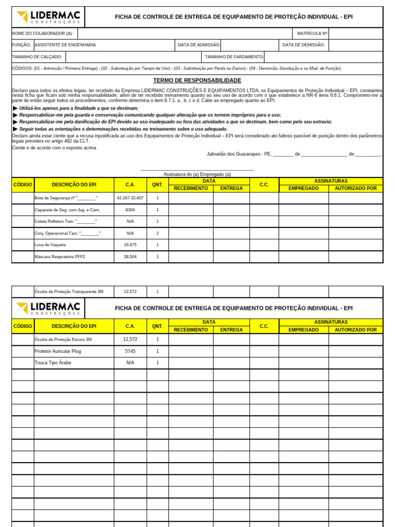 Ficha de EPI - EXCEL - Teste | PDF