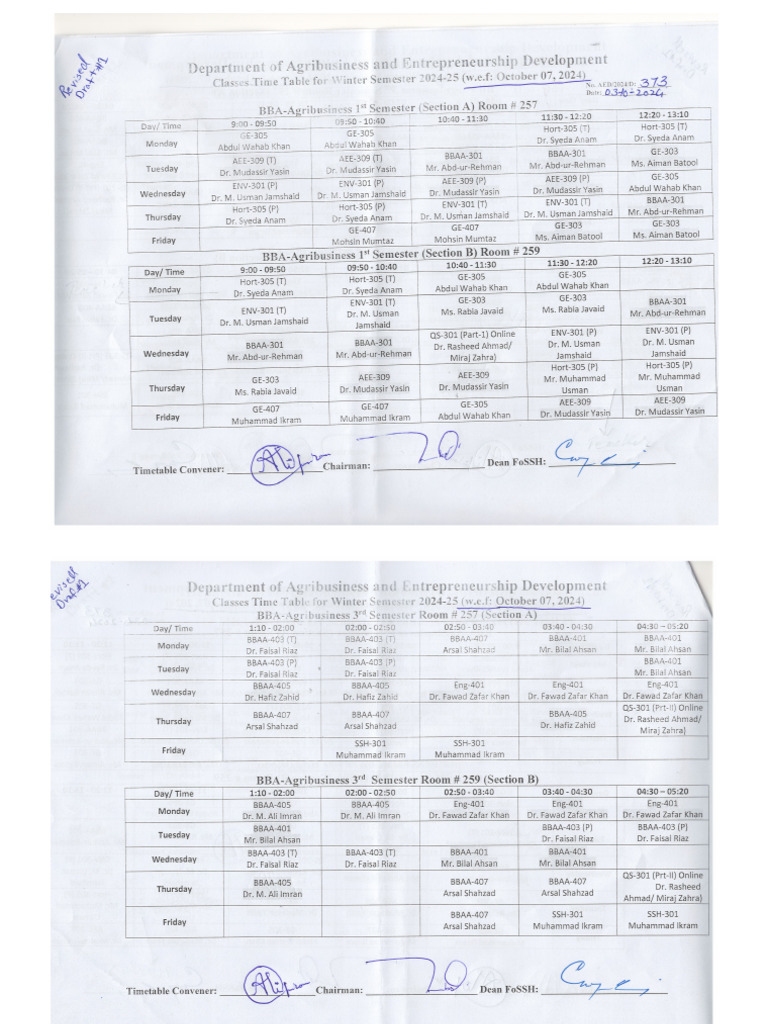 Revised Draft#1, Time Table BBA, MS-Mangement & MBA Regular - Exective (WEF 07-10-2024) | PDF