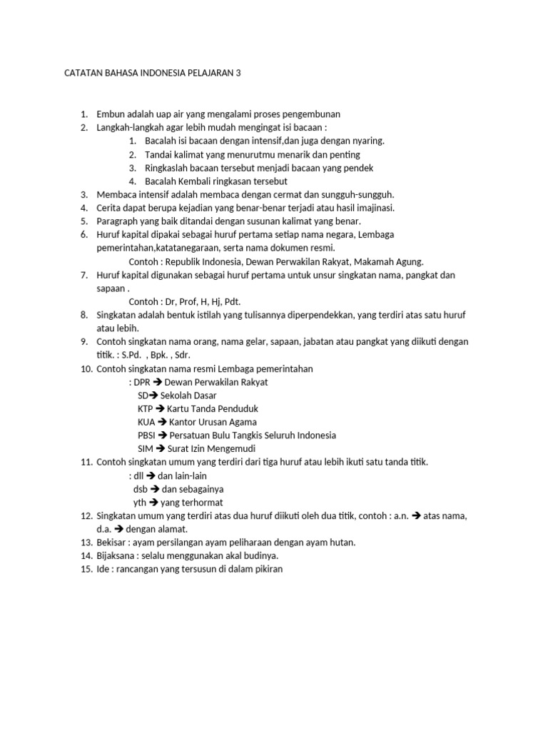 Catatan Bahasa Indonesia Pelajaran 3 | PDF