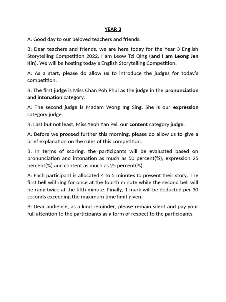 Emcee Script For School Storytelling Competition | PDF