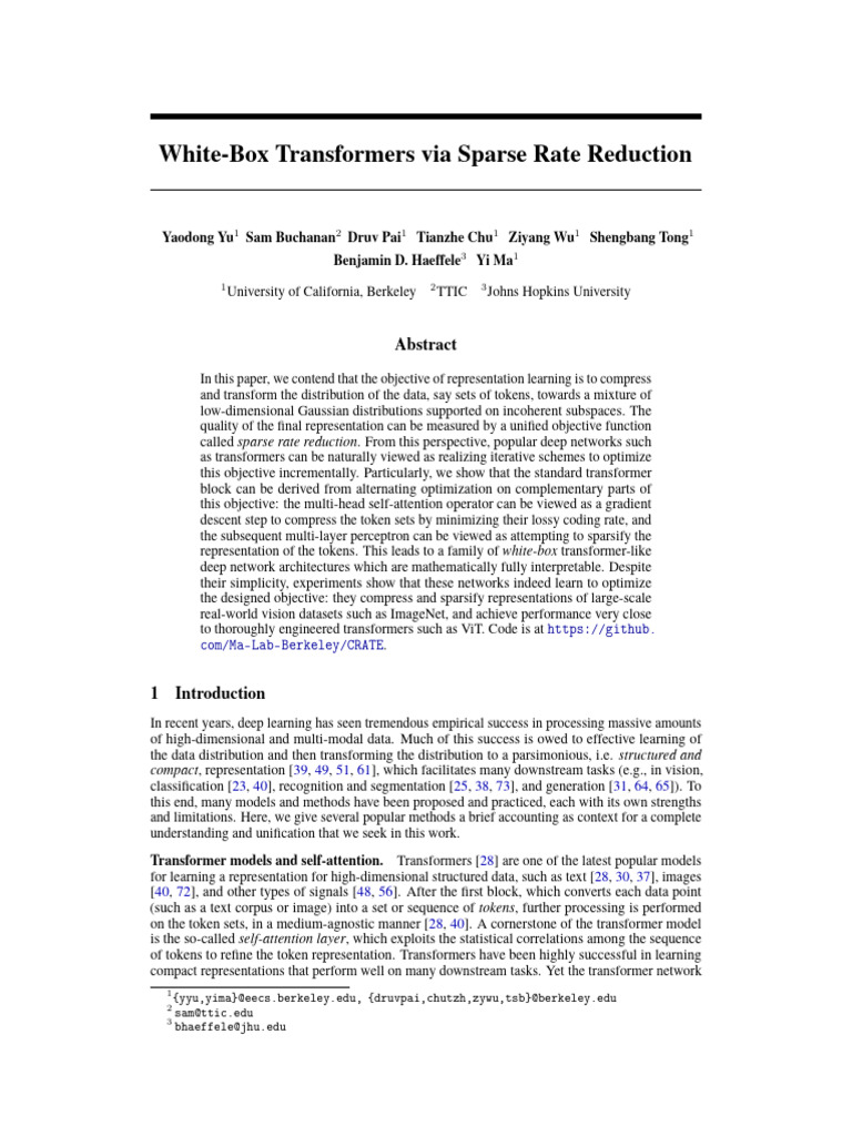 White-Box Transformers via Sparse Rate Reduction | PDF