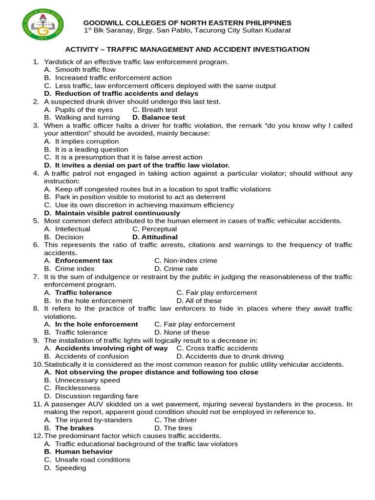 ANSWER KEY - ACTIVITY - Traffic Management and Accident Investigation ...