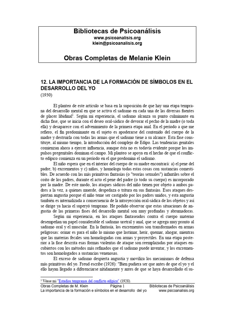 Klein La Importancia de La Formaci N de S Mbolos en El Desarrollo Del Yo | PDF | Esquizofrenia ...