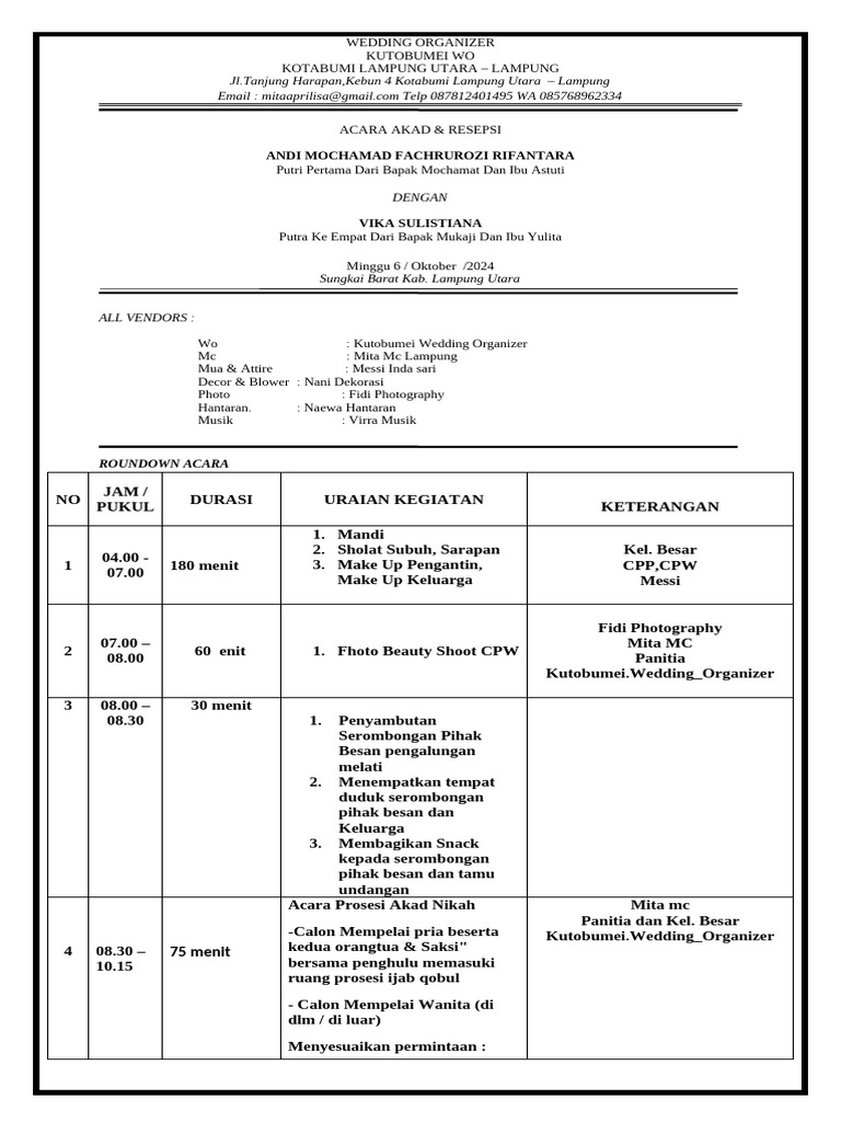 Rundown - Wedding Vika & Andi | PDF