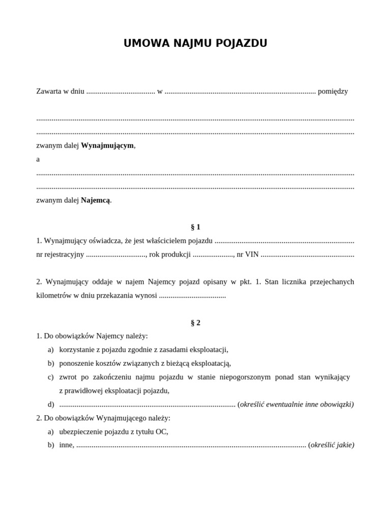 Umowa Najmu Pojazdu | PDF