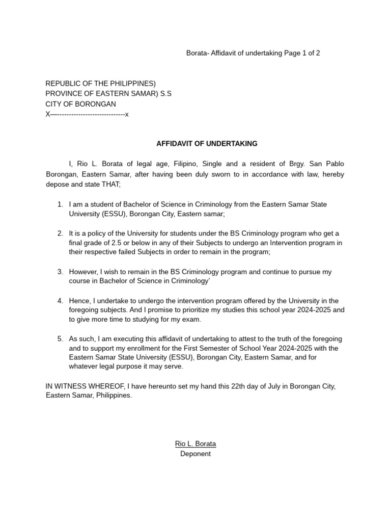 Affidavit of Undertaking 1 | PDF