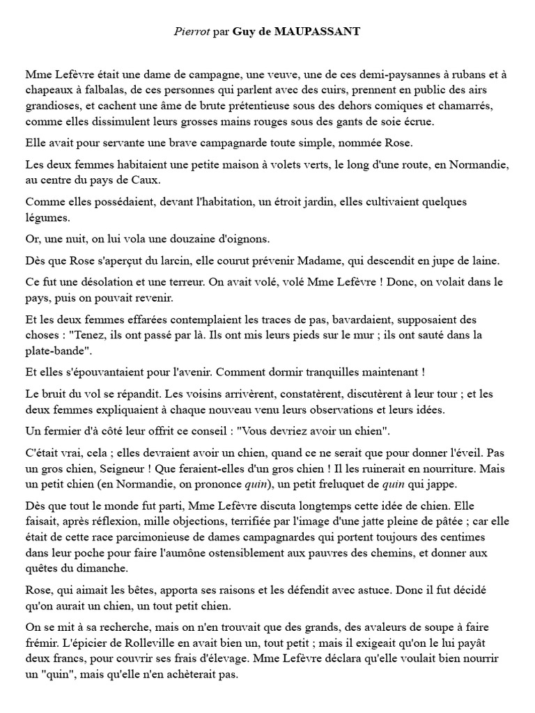 Texte Integral de La Nouvelle Pierrot de Maupassant | PDF