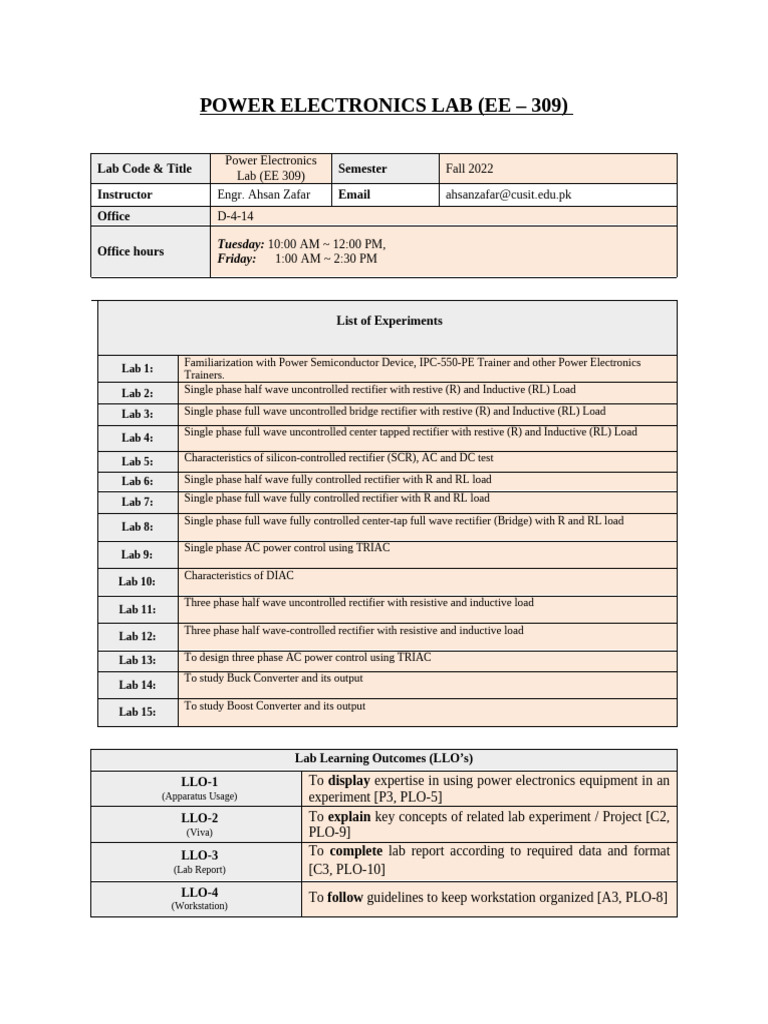 Lab Course Outline New Version Power Elect | PDF