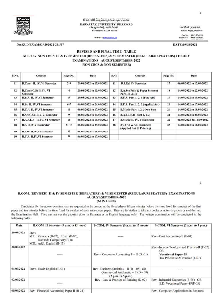 Revised & Final All UG NON CBCS II IV & VI Exam TIME TABLE August-September 2022 | PDF