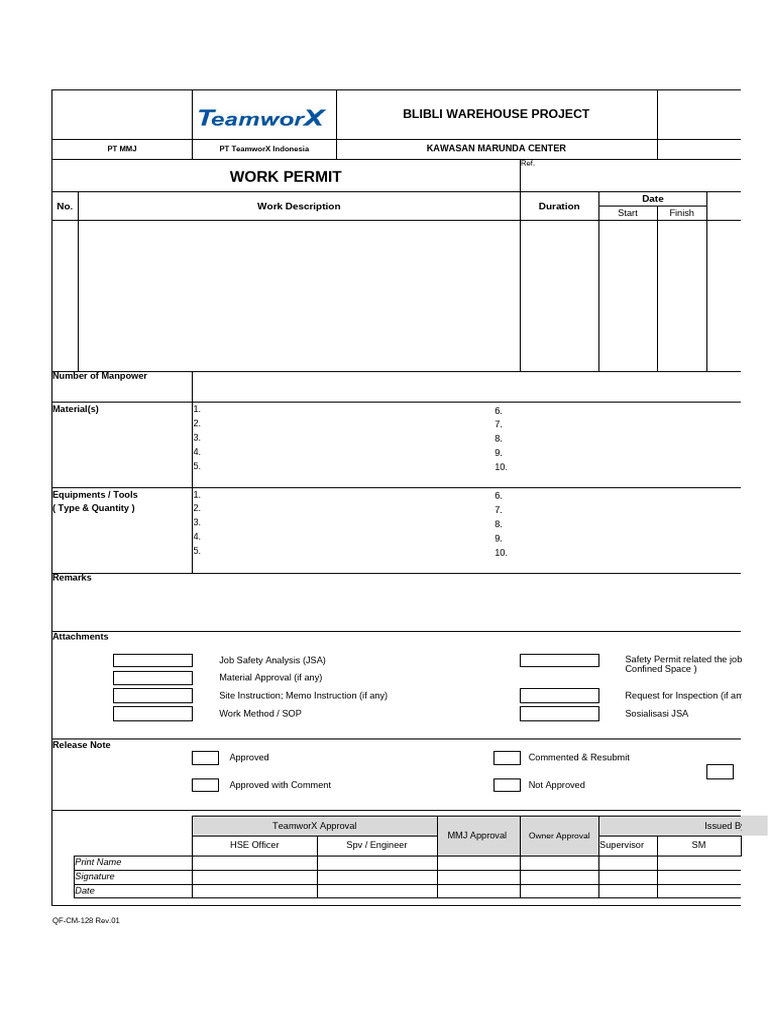 Warehouse Project Work Permit Details | PDF