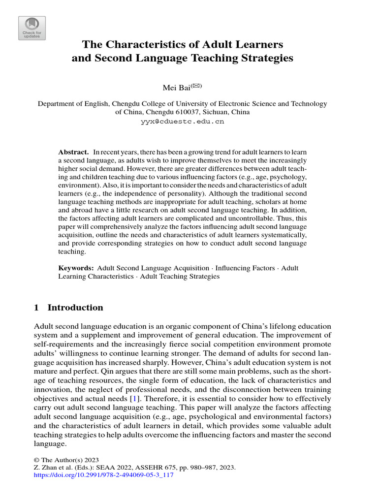 The Characteristics of Adult Learners and Second Language Teaching ...