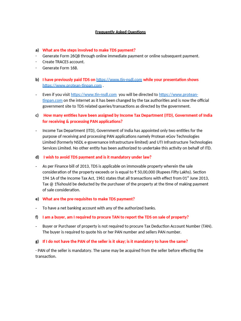 TDS Payment Process - FAQs | PDF