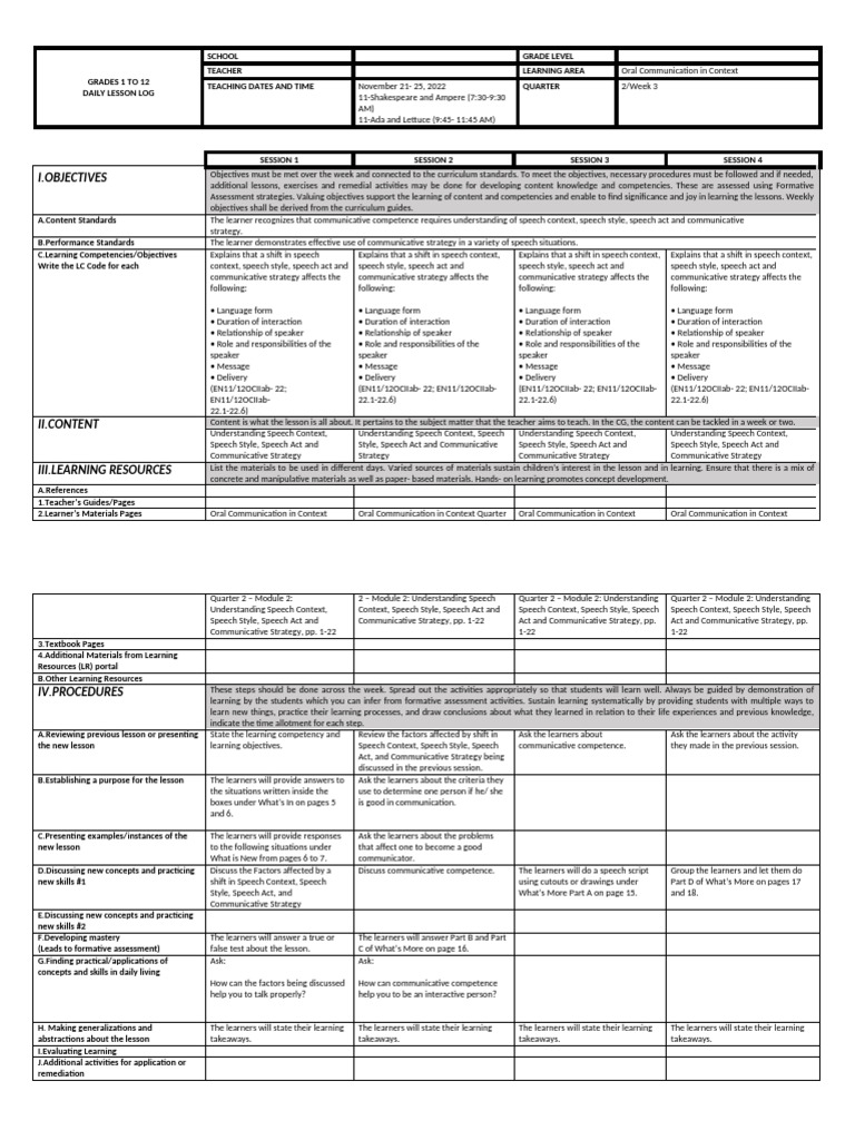 Oral Communication Lesson Plan | PDF | Learning | Educational Assessment