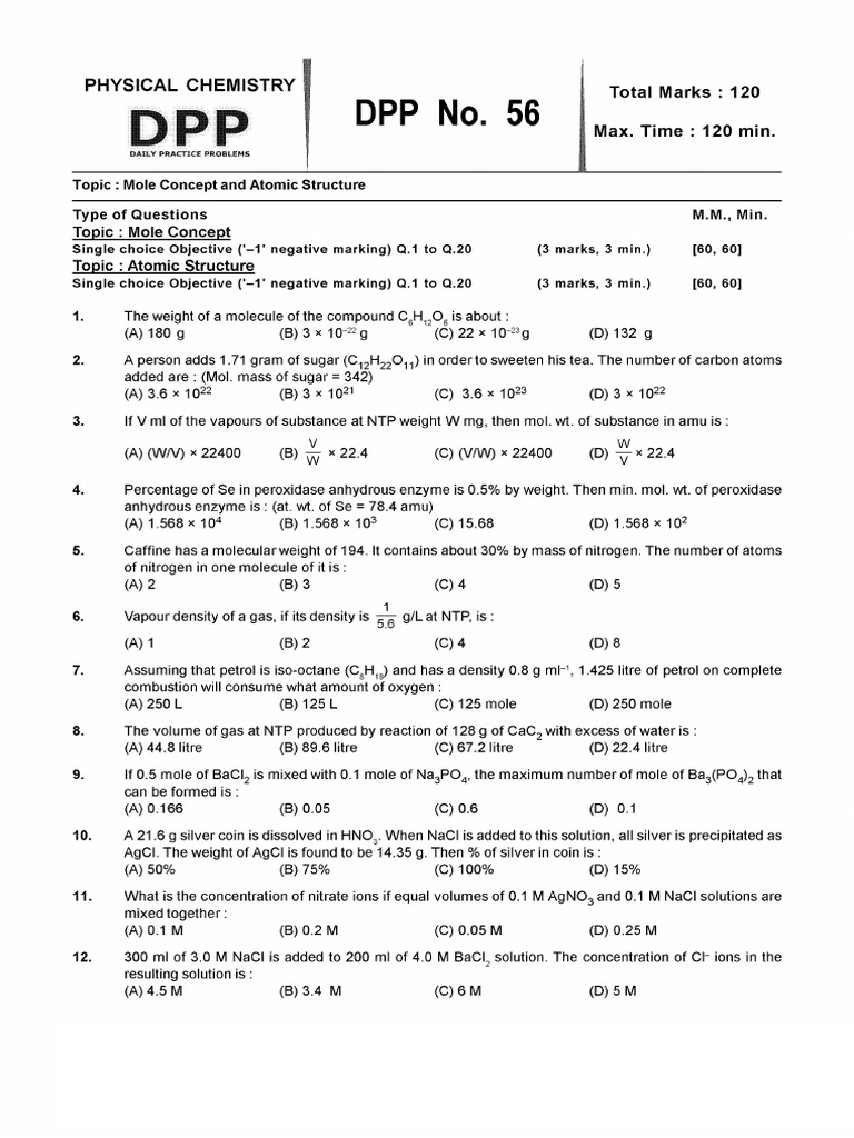 DPP No - 56. Mole Concept &Atomic Structure | PDF