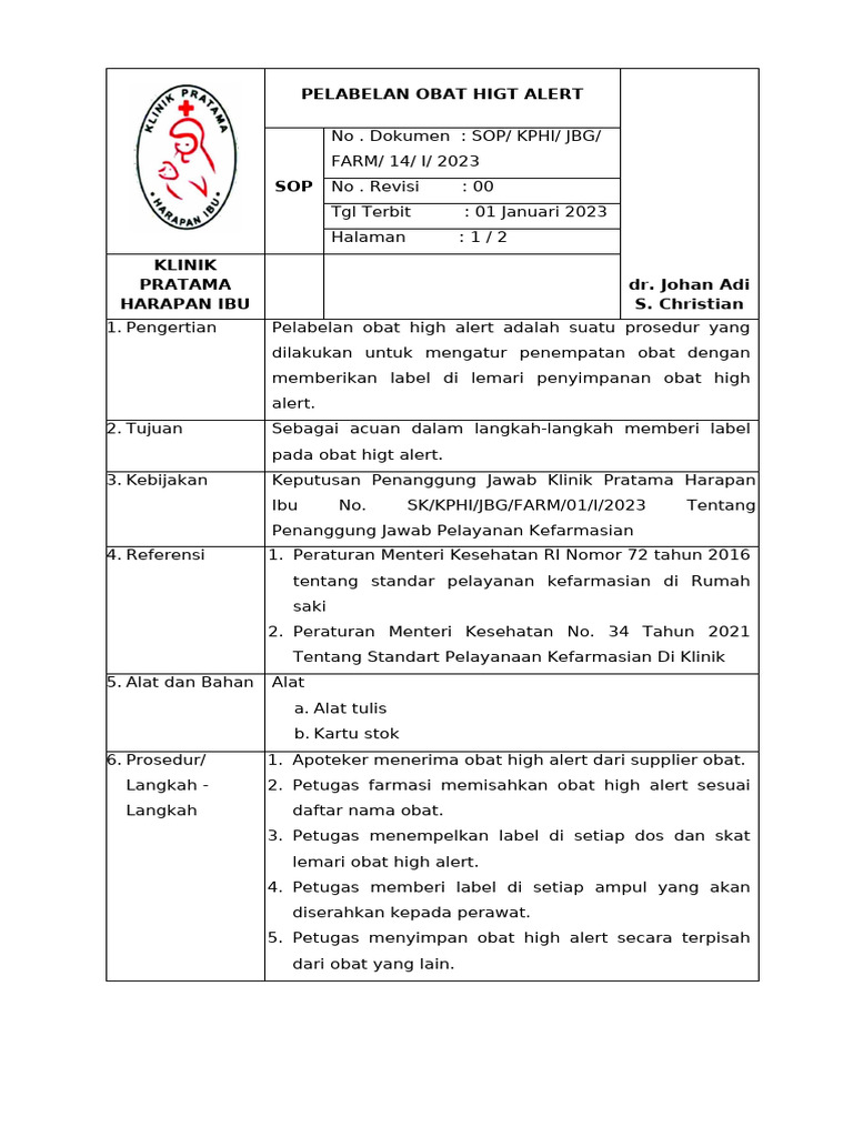 Pelabelan Obat High Alert | PDF