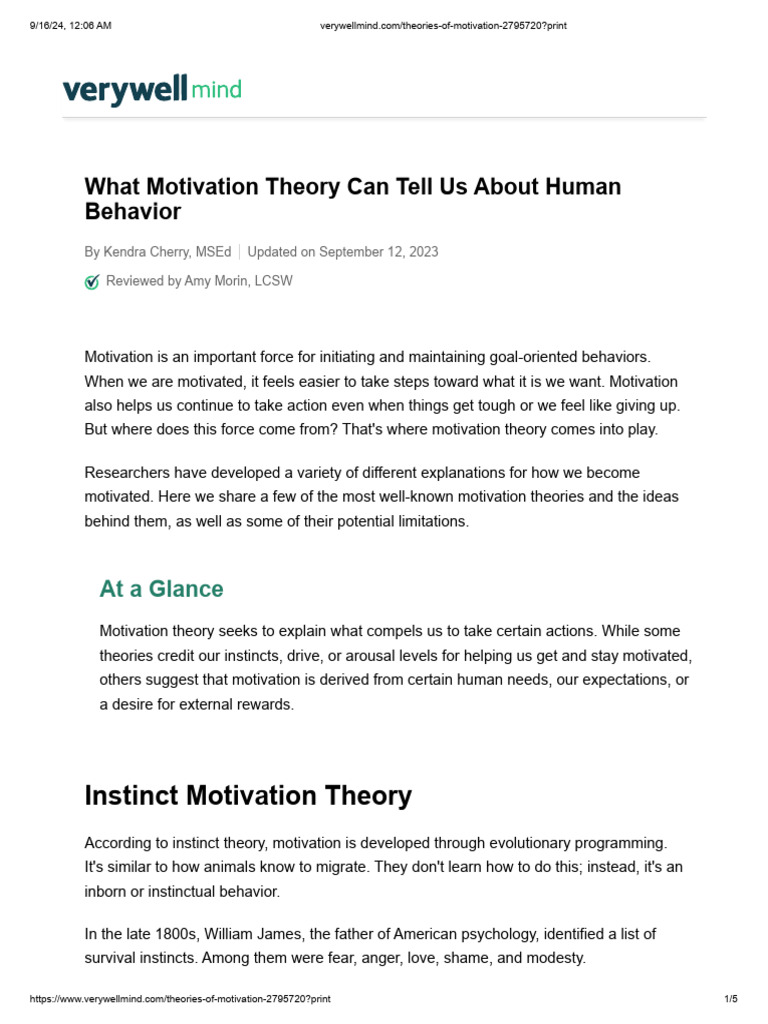 Overview of Motivation Theories | PDF | Motivation | Motivational