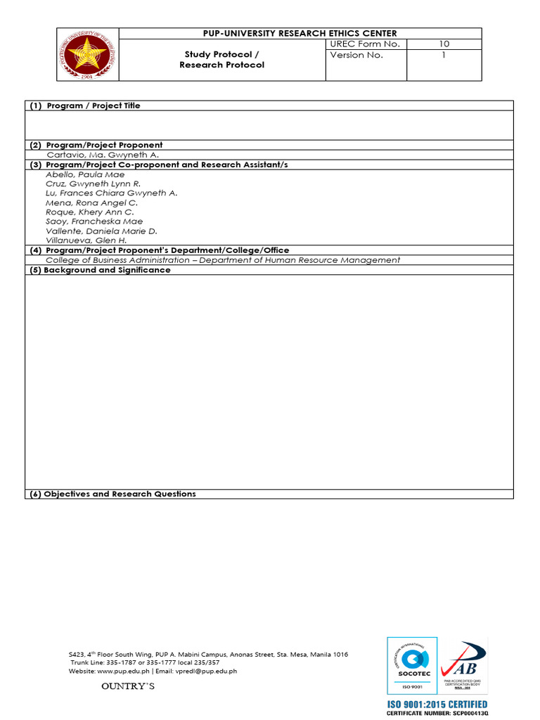 UREC Form 10 Research Study Protocol | PDF
