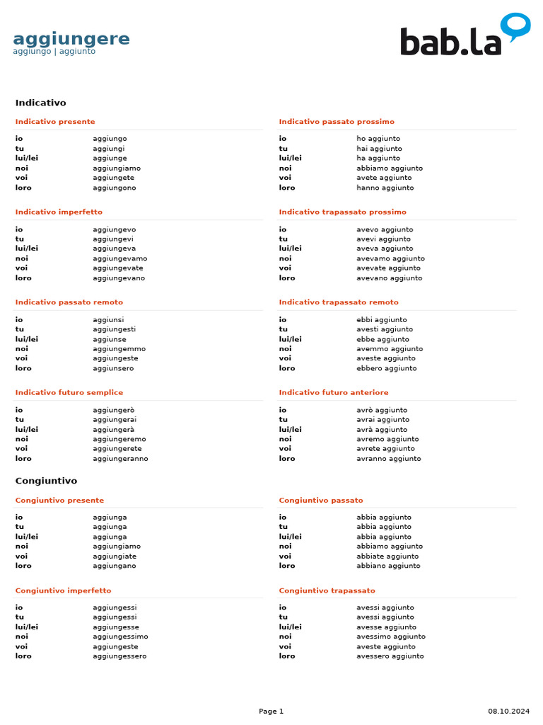 Bab - La Conjugation Italian Aggiungere | PDF