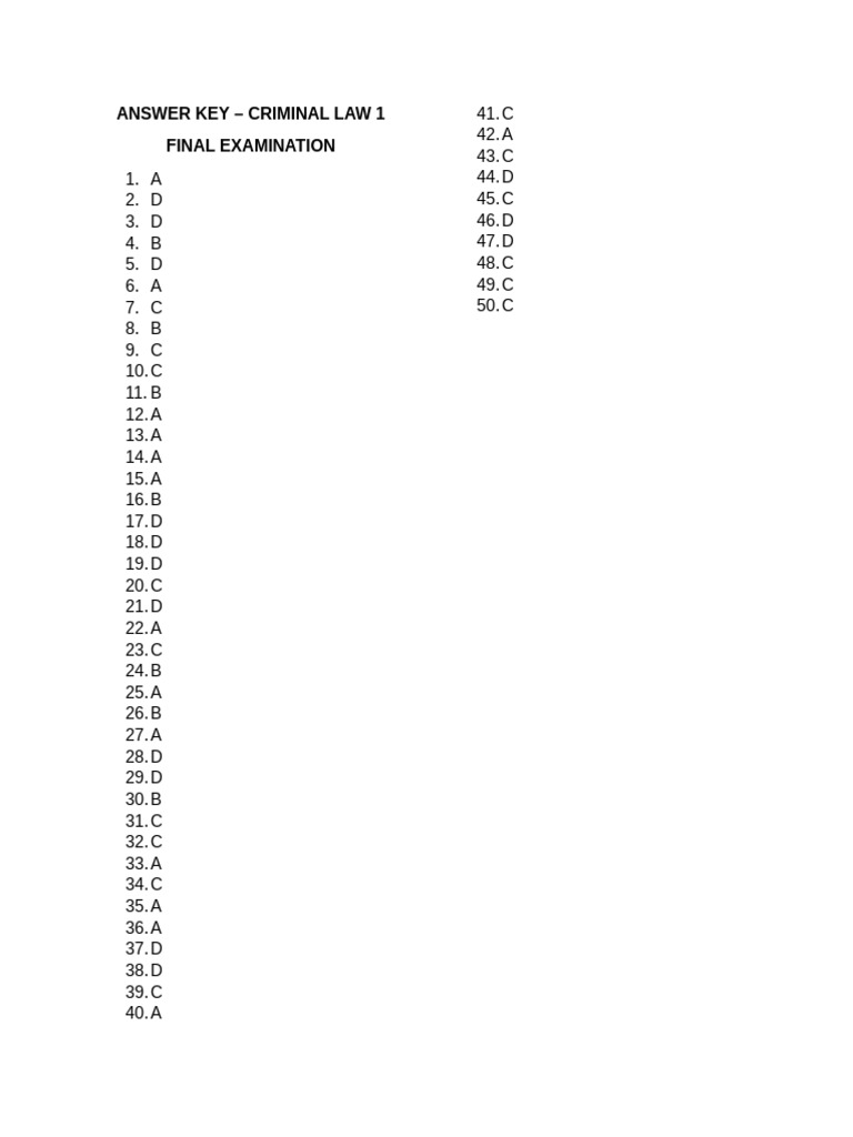 Answer Key - Final Exam - Criminal Law 1 | PDF