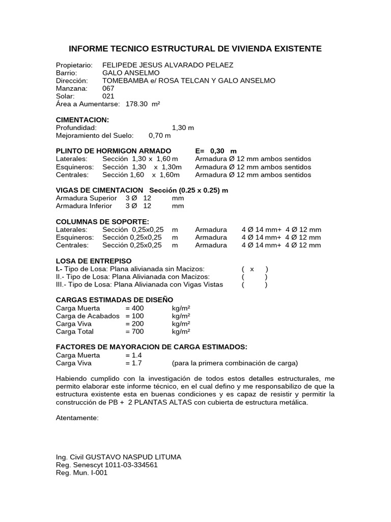 Informe Técnico Estructural Felipe Alvarado | PDF