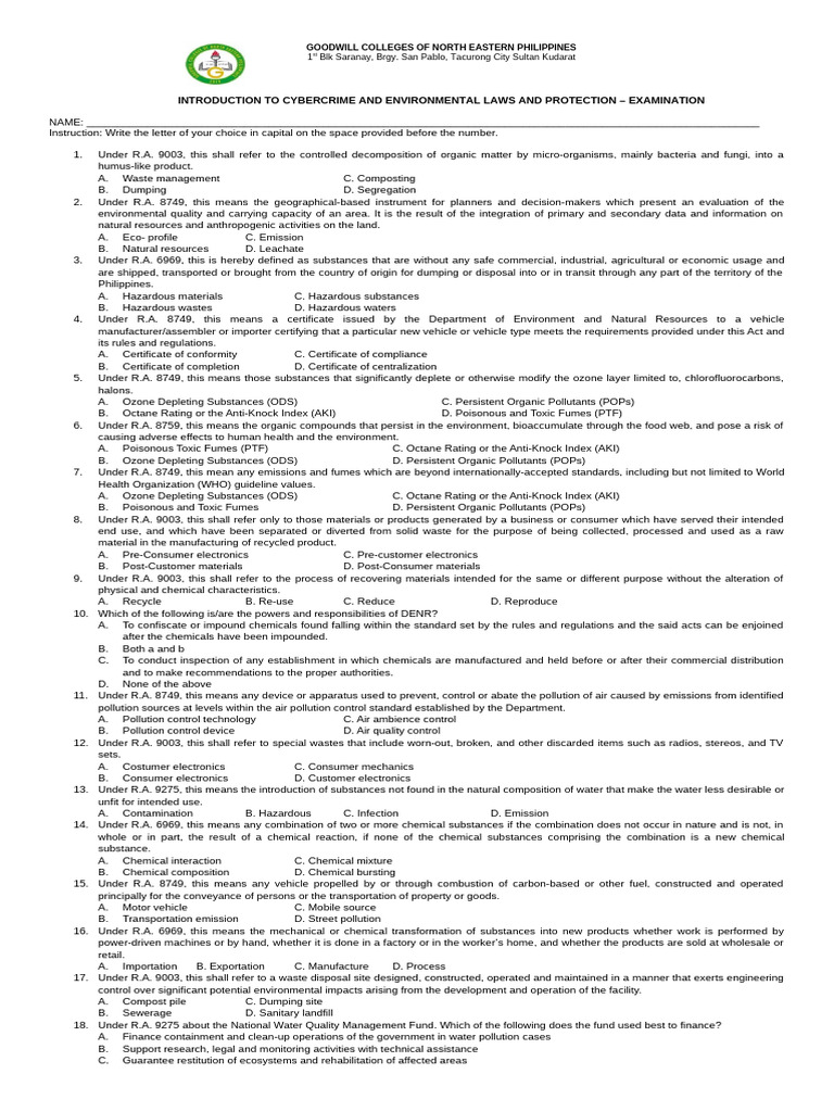 EXAMINATION - Cybercrime and Environmental Laws | PDF