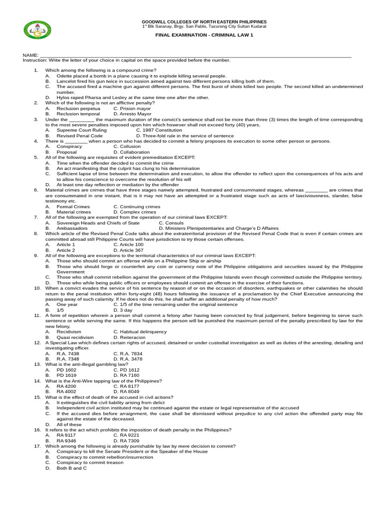 Final Exam - Criminal Law 1 | PDF