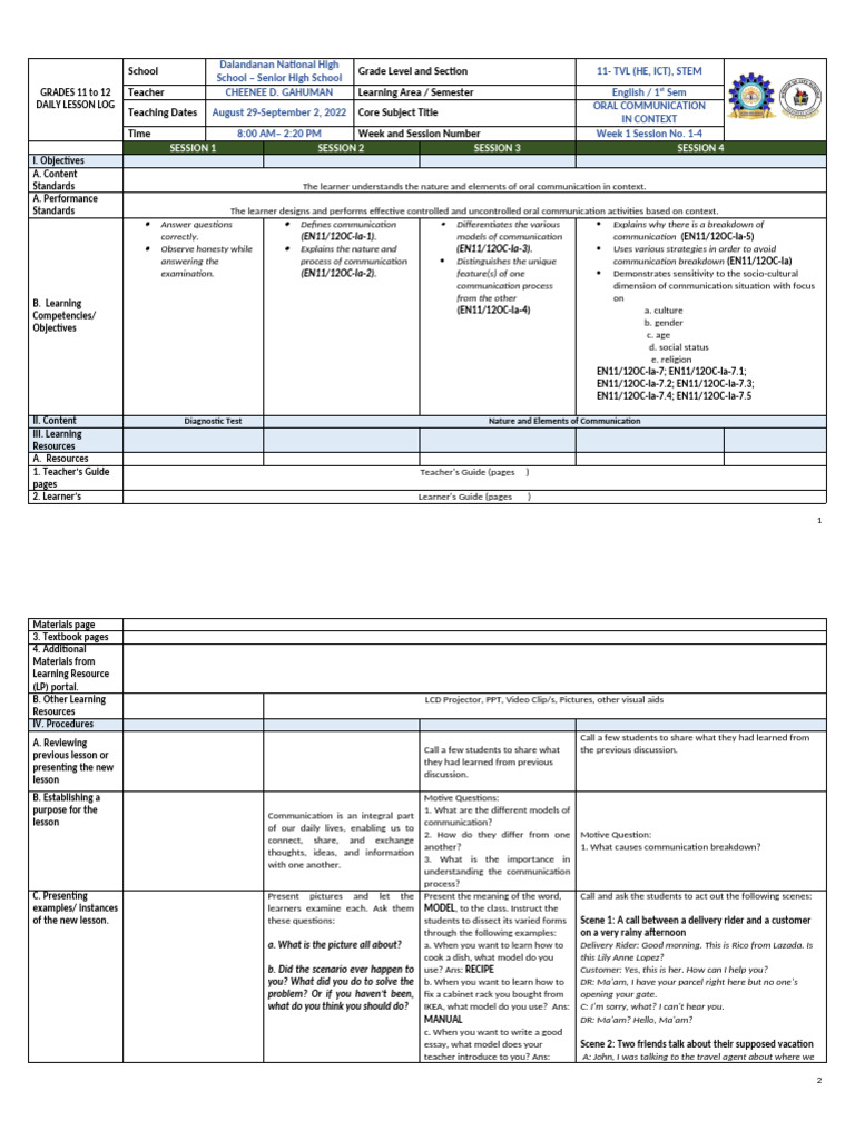 Oral Communication Lesson Plan | PDF