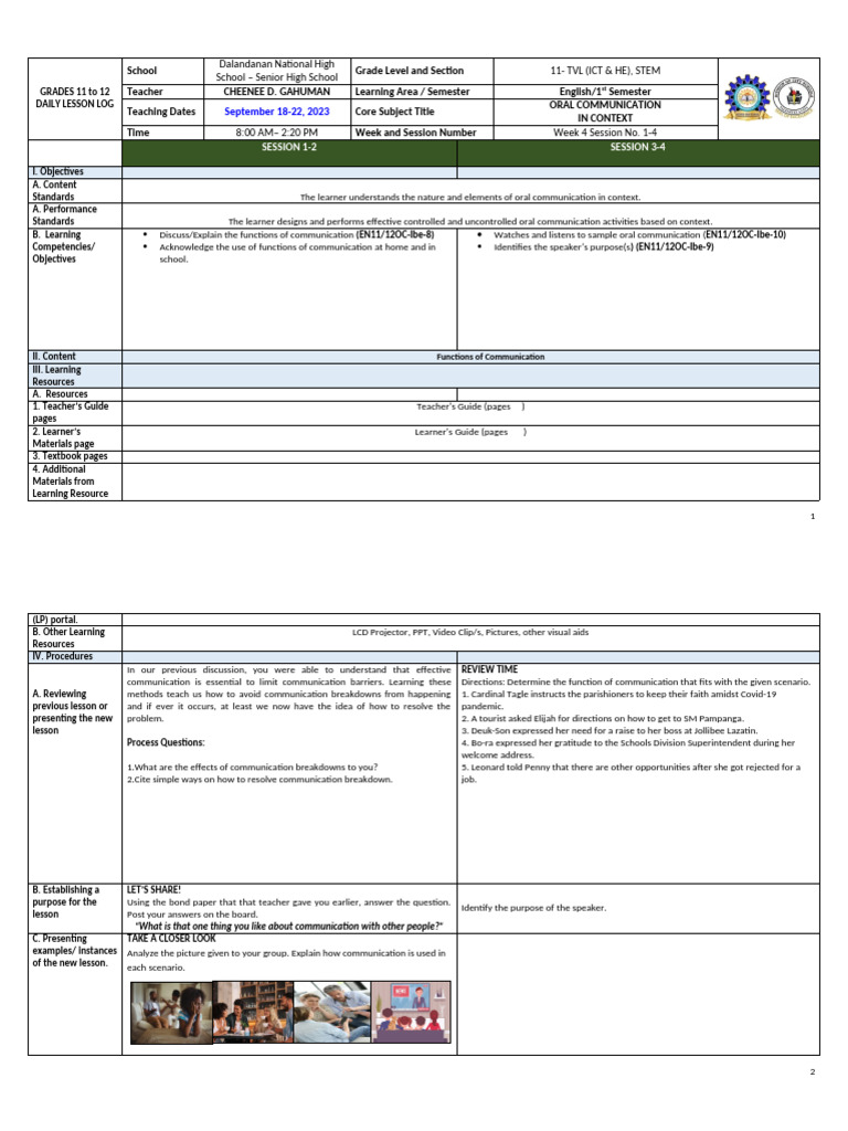 Oral Communication Lesson Plan | PDF