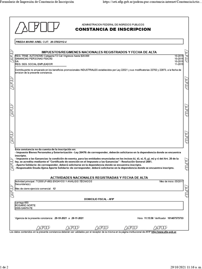 Formulario de Impresión de Constancia de Inscripción MARIO ARIEL PINEDA ...