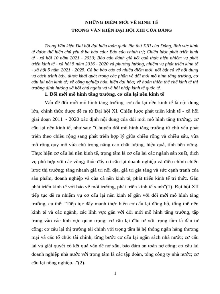 TLTK. Nhung Diem Moi Ve Kinh Te Theo Van Kien XIII | PDF