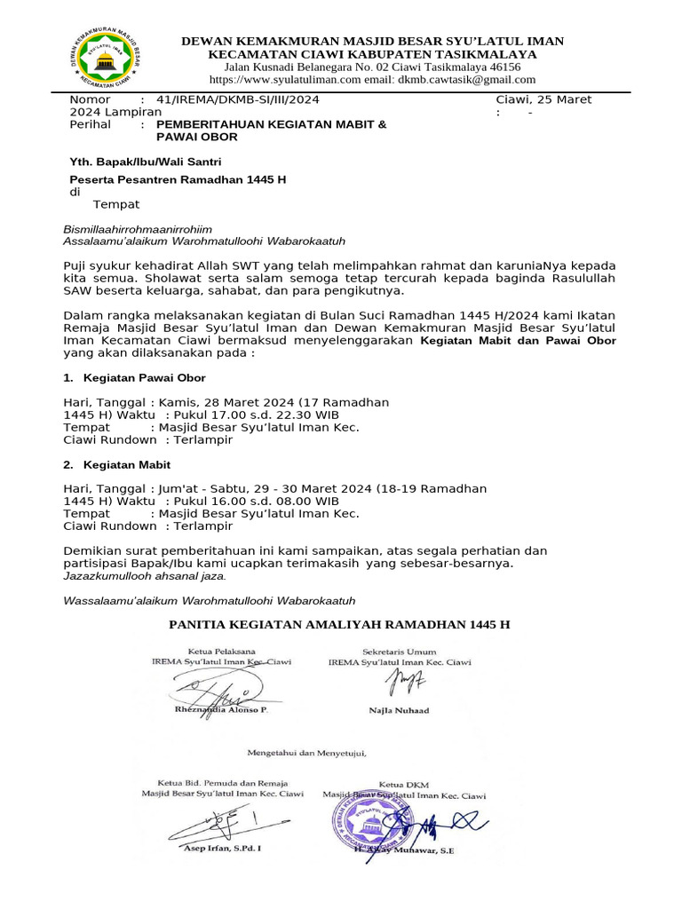 Surat Pemberitahuan Kegiatan Pawai Obor & Mabit | PDF