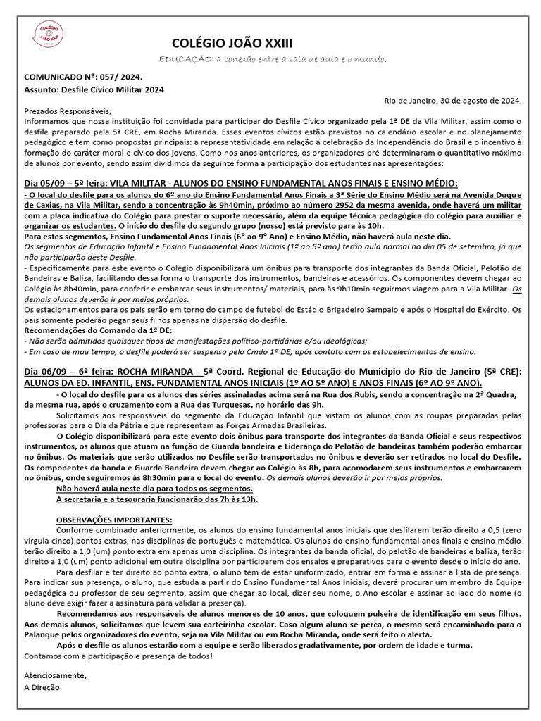 Comunicado 057.2024 Desfile Cívico 2025 | PDF