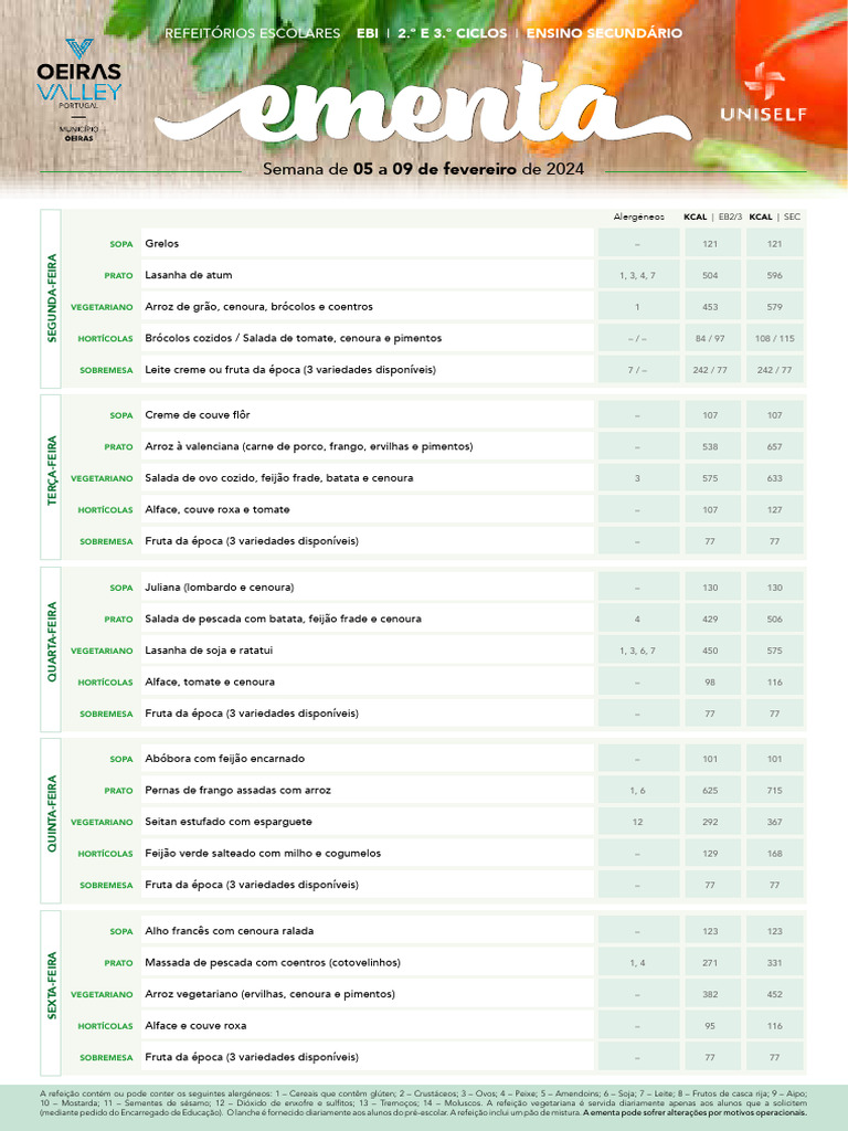 06_Ementa EBI, 2.º e 3.º Ciclos e Secundário__ FEVEREIRO 2024 | PDF
