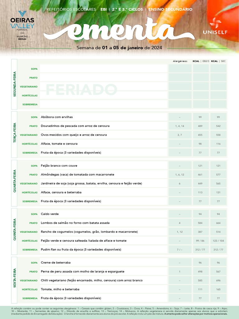 05 - Ementa EBI, 2.º e 3.º Ciclos e Secundário - JANEIRO 2024 | PDF