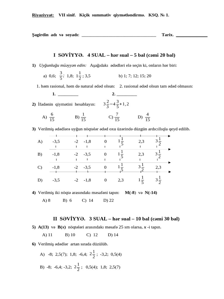 7 Sinif Riyaziyyat KSQ - 1 | PDF