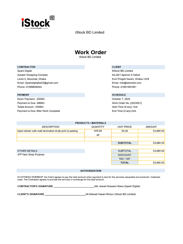 Work Order - Istock BD - SparkDigital | PDF
