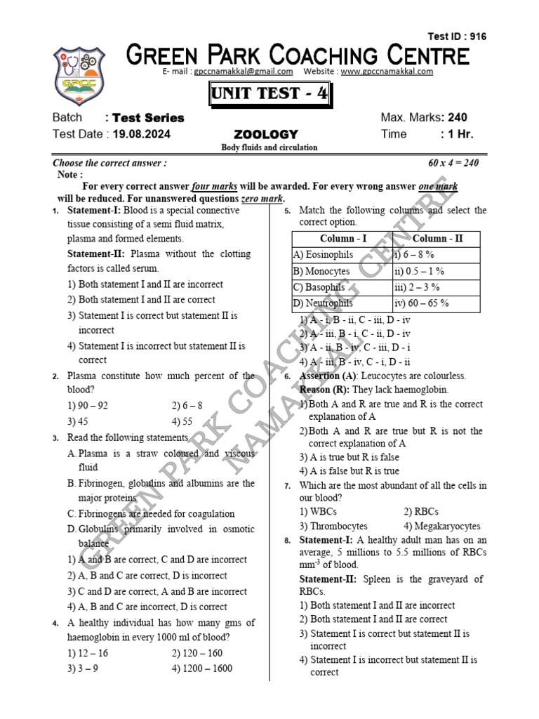 TS Un4 Zoo RBC QP | PDF
