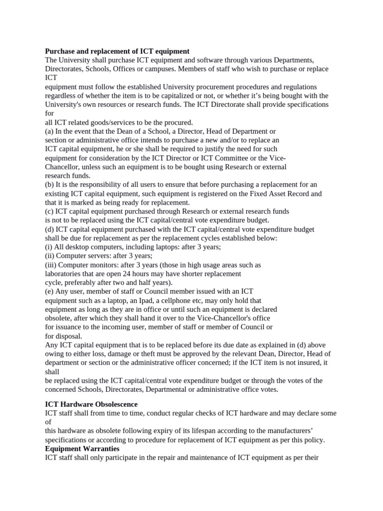 Purchase and Replacement of ICT Equipment | PDF | Information And ...