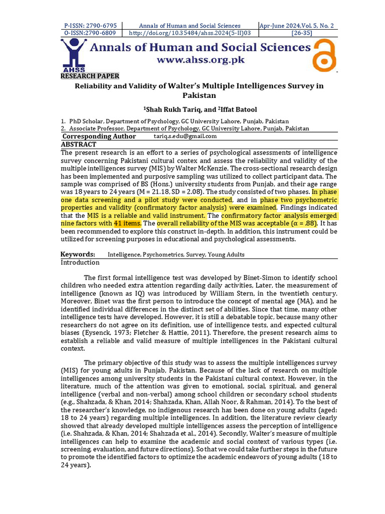 Reliability and Validity: of Walter's Multiple Intelligences Survey in Pakistan | PDF