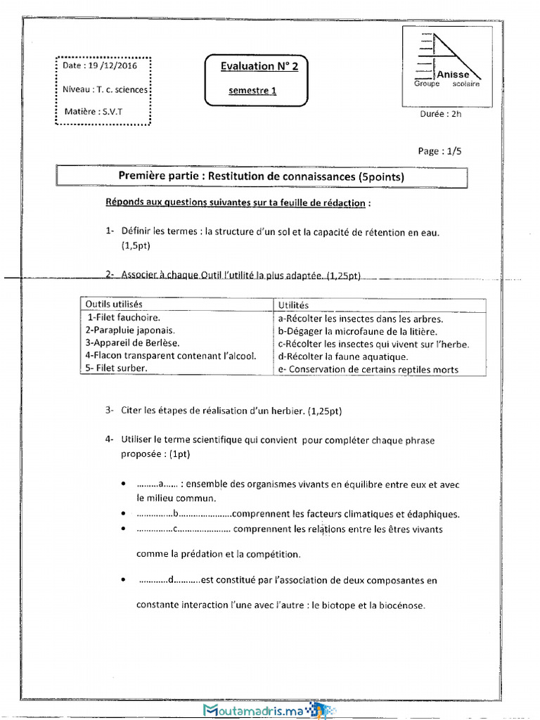 Devoir SVT TC International FR s1 13 | PDF