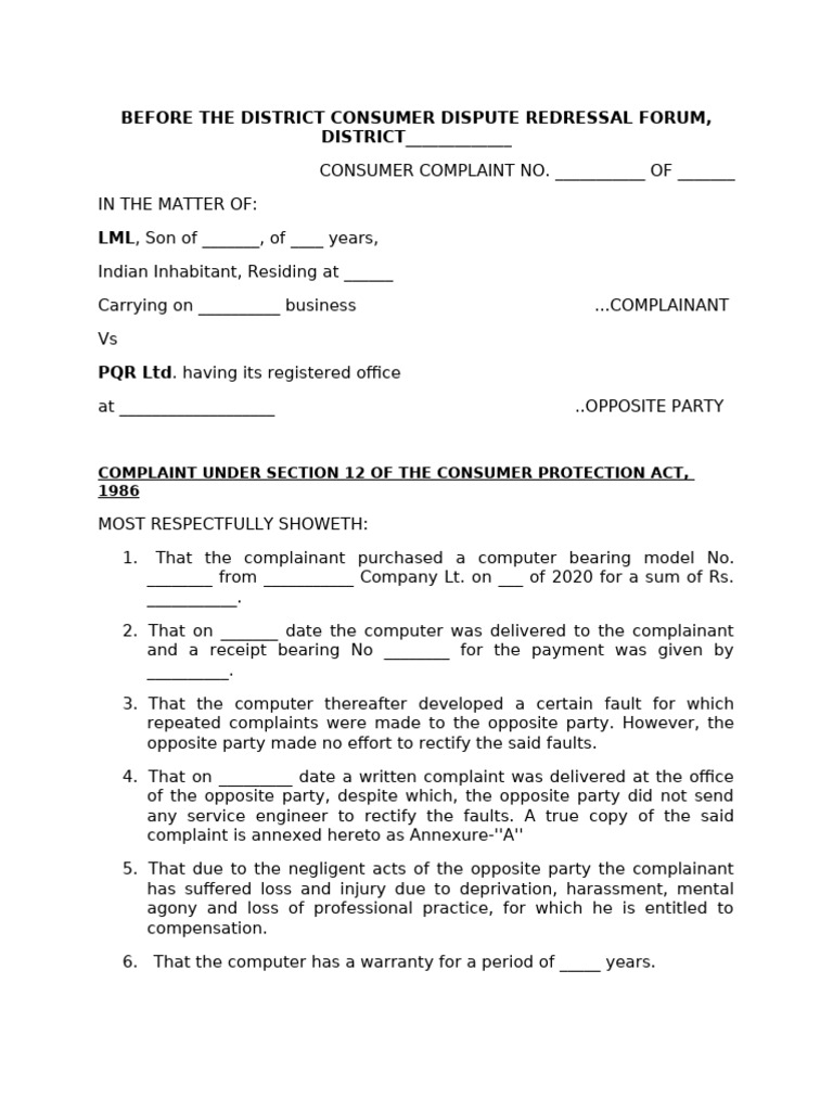 Consumer Complaint Before The District Consumer Dispute Redressal Forum ...