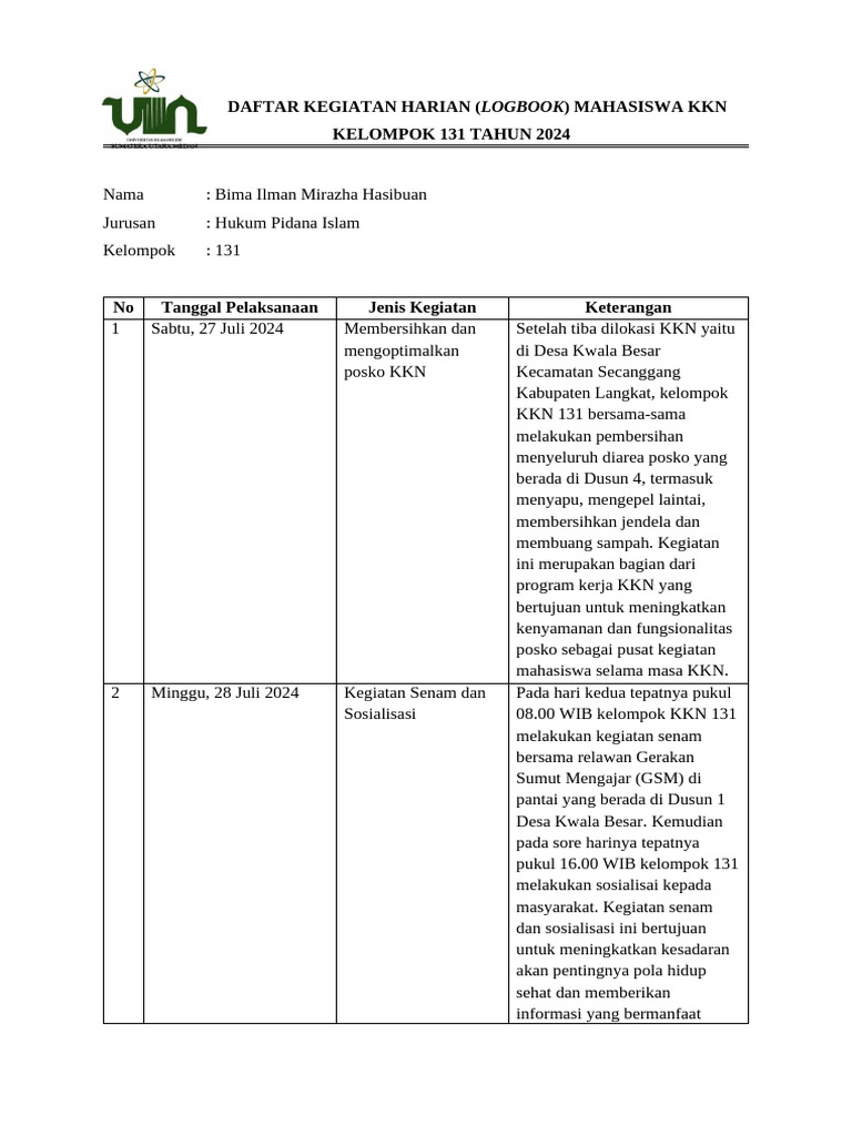 Logbook Bima Ilman Mirazha | PDF