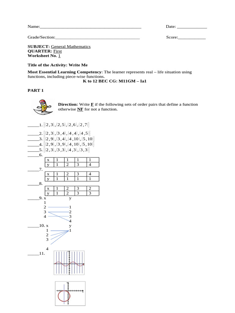Week 1 Woksheet General Math | PDF | Function (Mathematics) | Mathematics