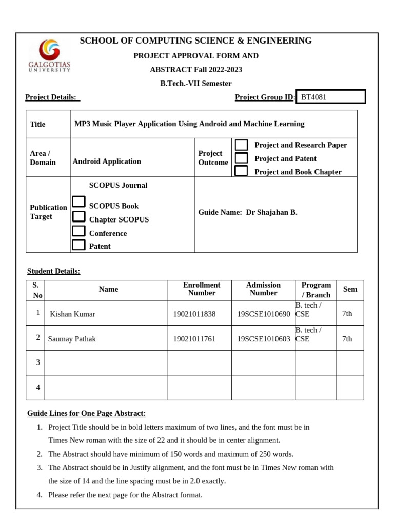 Project Approval Form - B.Tech.-VII Semester | PDF