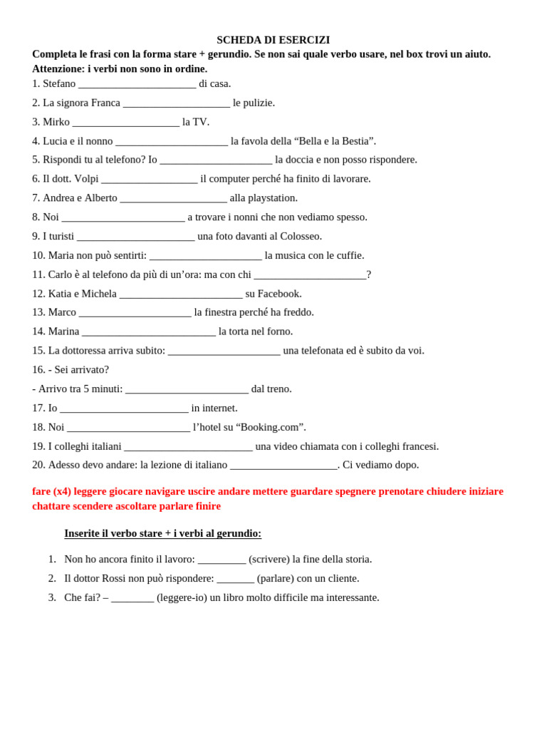 SCHEDA DI ESERCIZI - Stare Gerundio | PDF
