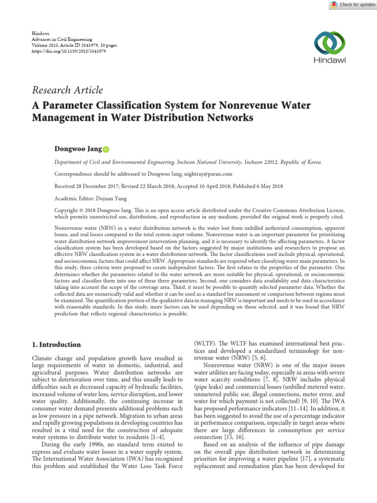 Advances In Civil Engineering 2018 Jang A Parameter Classification System For Nonrevenue