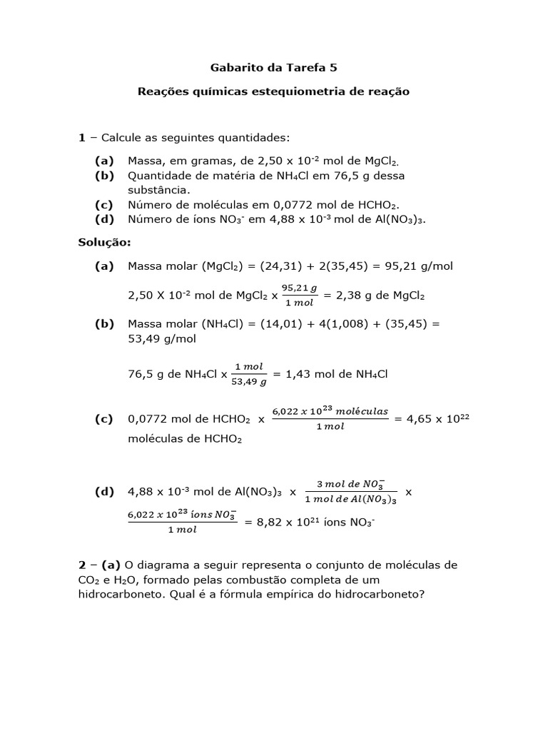 Gabarito Da Tarefa 5 - Reaes Qumicas Estequiometria de Reao | PDF