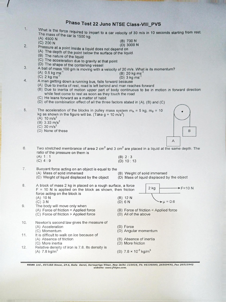 NTSE Class 8 Physics Practice Test | PDF | Force | Mass