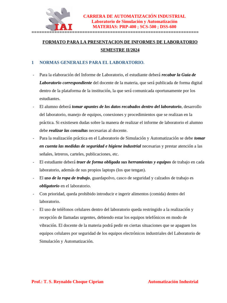 Formato para La Presentacion de Informes de Laboratorio 2 - 2024 | PDF