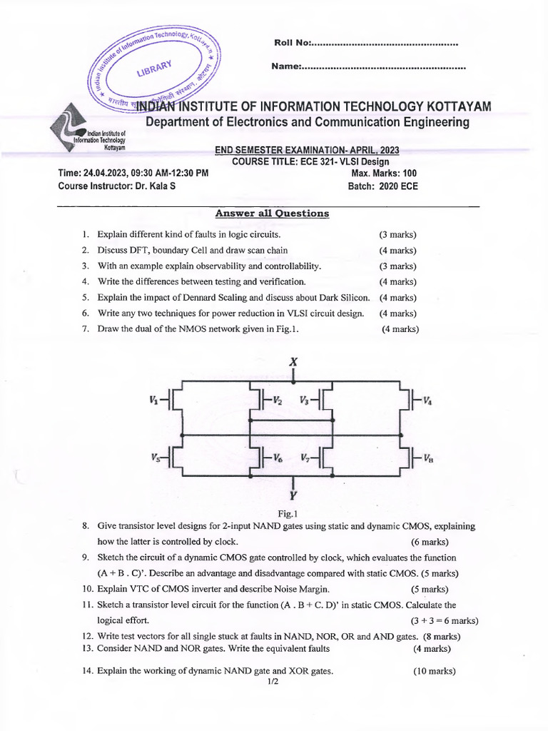 End Examination April 2023-Sem6 ECE 321-VLSI Design | PDF | Cmos | Logic Gate